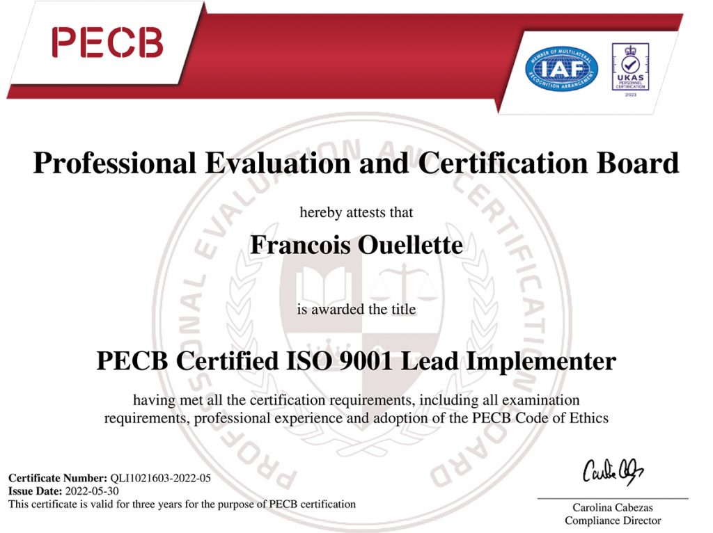 PECB Certified ISO 9001 Lead Implementer | Logiqual